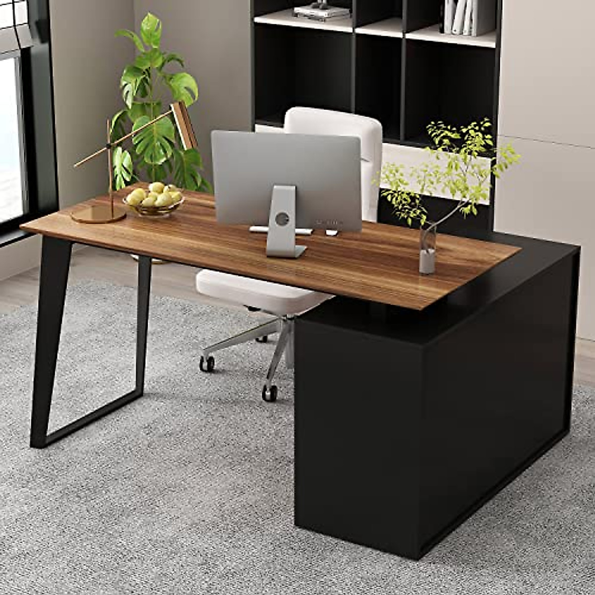 Homsee Home Office Computer Desk Corner Desk with 3 Drawers, 2 Shelves & 2 Doors, 55 Inch Large L-Shaped Study Writing Table with Storage Cabinet, Black & Brown (54.3”L x 40.9”W x 29.1”H)