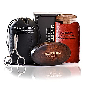 MANETURAL Beard Comb & Beard Brush Set for Men Dual Action Natural Wooden Beard Comb and Natural Boar Bristle Brush Great for Grooming Beard & Mustaches Scissors Gifts for Men Him