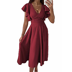 Dokotoo Women's V Neck Elegant Party Dress Short Sleeve Skater Dress Formal Wedding Guest Dresses Dresses for Women 2024 Red 2XL
