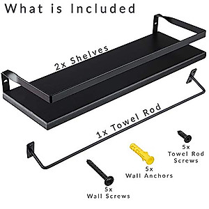 Peter's Goods Modern Floating Shelves with Rail - Wall Mounted Bathroom Wall Shelves with Towel Bar - Also Perfect for Bedroom Decor and Kitchen Storage - Solid Paulownia Wood Shelf Set of 2 (Black)