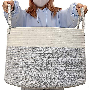 XXL Extra Large Cotton Rope Basket, 20" x 13" Throw Blanket Storage Basket with Handles, Decorative Blanket Basket for Living Room, Pillows, Toys or Laundry