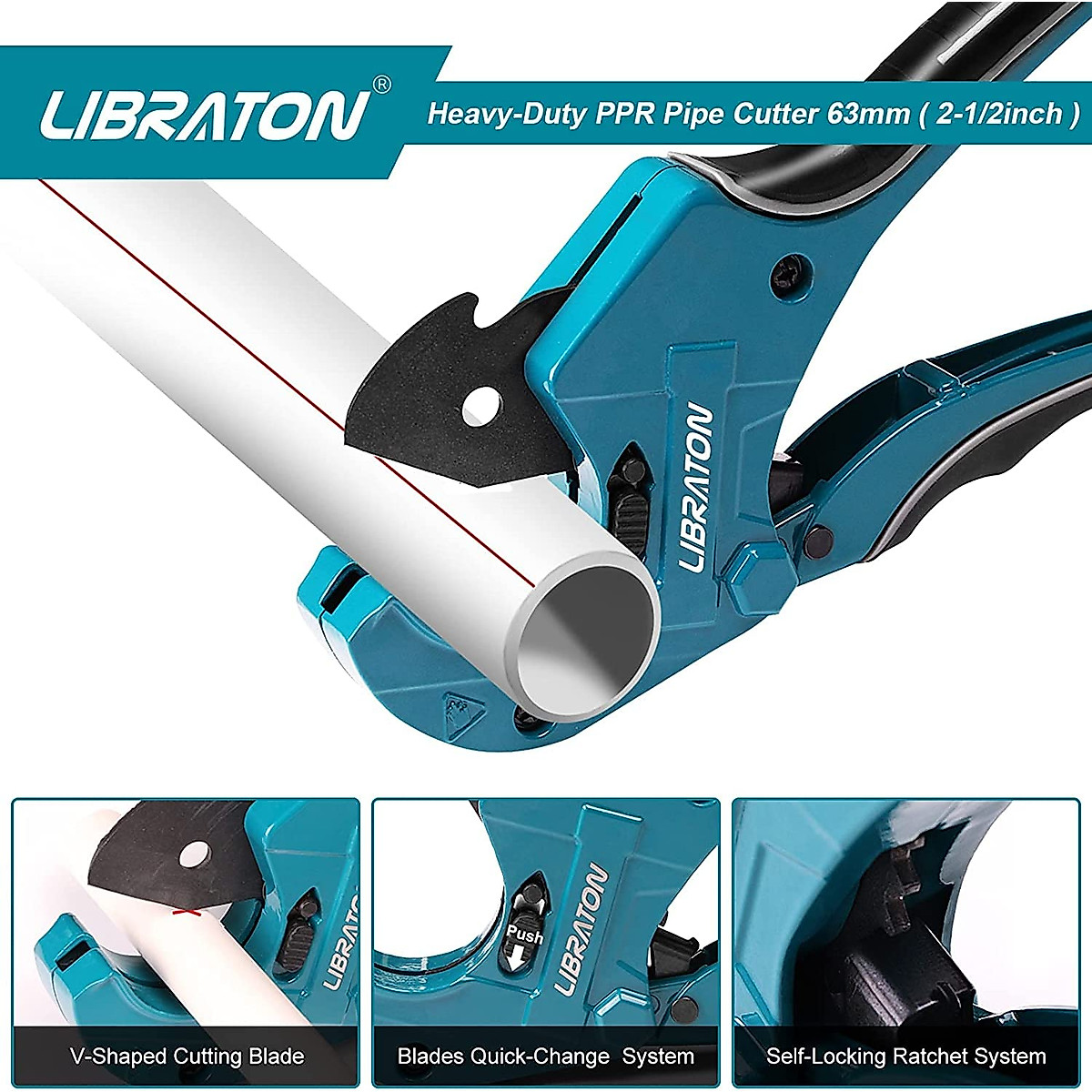 Libraton PVC Pipe Cutter, Up to 2-1/2", Ratchet Pipe Cutter Heavy-Duty, Pex Cutting Tool for Cutting PEX, PVC, PPR Plastic Hoses and Plumbing Pipe