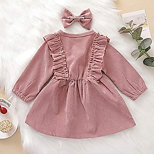 YQYJA Toddler Baby Girls Fall Winter Corduroy Ruffle Long Sleeve Dress Headband Kids Dresses (Pink, 12-18 Months)