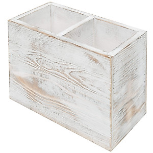 MyGift Whitewashed Wood Kitchen Utensil Holder Organizer, Countertop Flatware Silverware Cooking Utensil Crock Storage Caddy with 2 Compartments