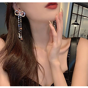 LAKIYOYO Rhinestones Bow Drop Earrings for Women Crystal Silver Bowknot Tassels Statement Earrings Lightweight Shiny Bar Earrings Set Jewelry