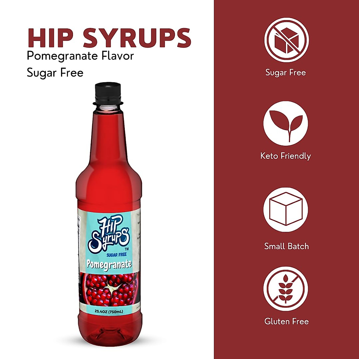 Hip Syrups - Pomegranate Sugar Free Simple Syrup Designed for Water Flavor, Bubble Tea, Boba Tea, Cocktails, Sugar Free