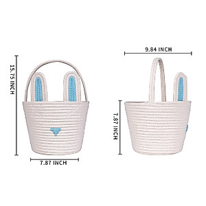 CubesLand Easter Basket for Boys Girls Easter Bunny Basket with Rabbit Ears, Easter Egg Hunting Basket Easter Baskets for Children Kids Babies First Easter Gifts Blue White 9.8 x 7.8 x 7.8”