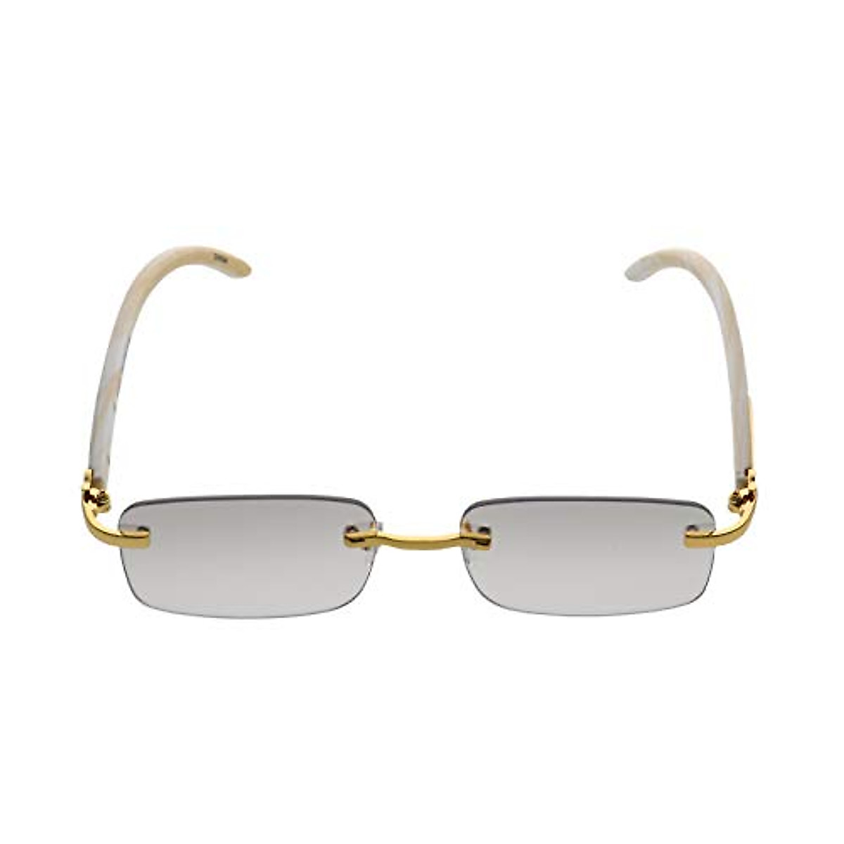 FLAWLESS EYEWEAR Retro Wood Buffs Vintage Style Gangster Rimless Clear Lens Rectangular Metal & Wood Eye Glasses (Cream-Gold/Tinted Clear Lens)