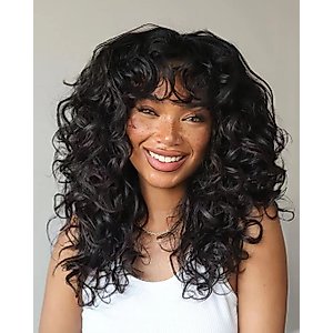 ANNIVIA-X Curly Wigs for Women Black Long Curly Afro Wig with Bangs Big Loose Cute Kinky Curly Hair Synthetic Wig for Daily Use Party Hallowmas Cosplay （Black 17 inch）