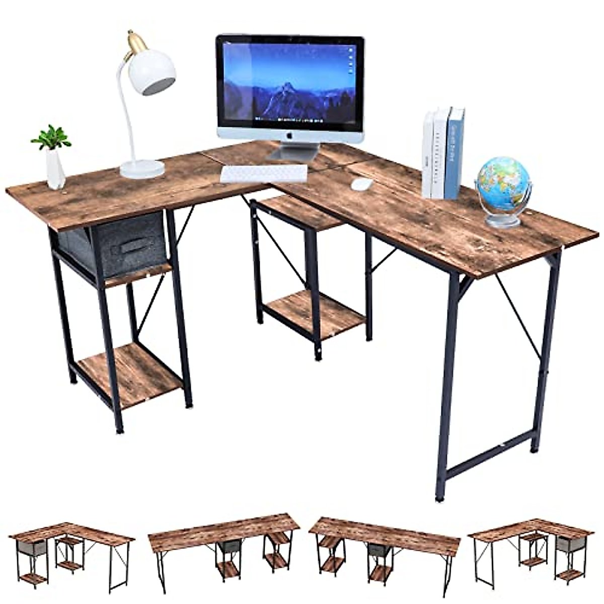 DLIUZ L Shaped Desk with Drawers，Computer Desk is Reversible Corner Large Gaming pc Table with USB Charging Port and Power Outlet,Long Writing Study Table with Shelve Suitable for 2 People Working