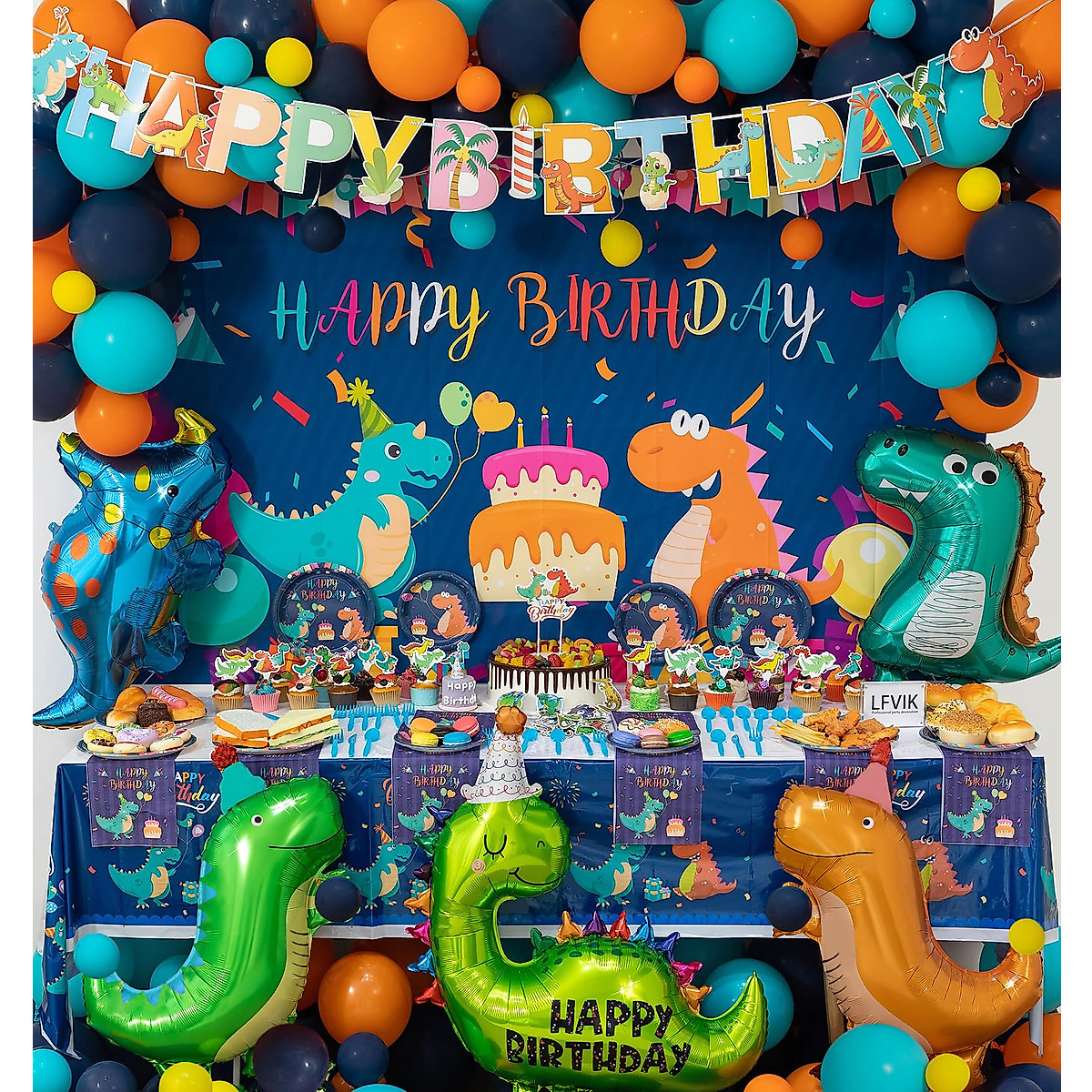 LFVIK Dinosaur Party Decorations,Blue Dinosaur Birthday Party Supplies for Boys,Customized Backdrop,5*Dinosaur Foil Balloons,Happy Birthday Banner,Sticker,Plates,Napkins,Tablecloth,Cake Toppers