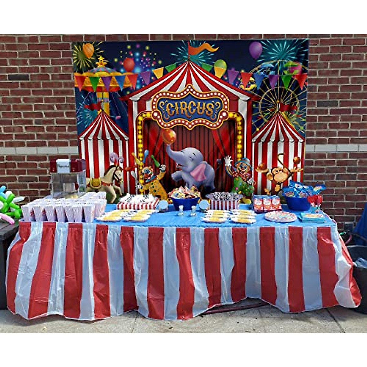 GYA Red Circus Backdrop Amusement Park Tents Stratus Playground Carnival Carousel Kids Boy Girl 1st First one Birthday Party Background Photo Baby Shower, 7x5FT(width 210cm x Height 150cm)