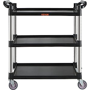VEVOR Utility Service Cart, 3 Shelf Heavy Duty 154LBS Food Service Cart, Rolling Utility Cart with Lockable Wheels, 32.7" x 15.7" x 37.4" Plastic Utility Cart for Kitchen Office Restaurant Home, Black