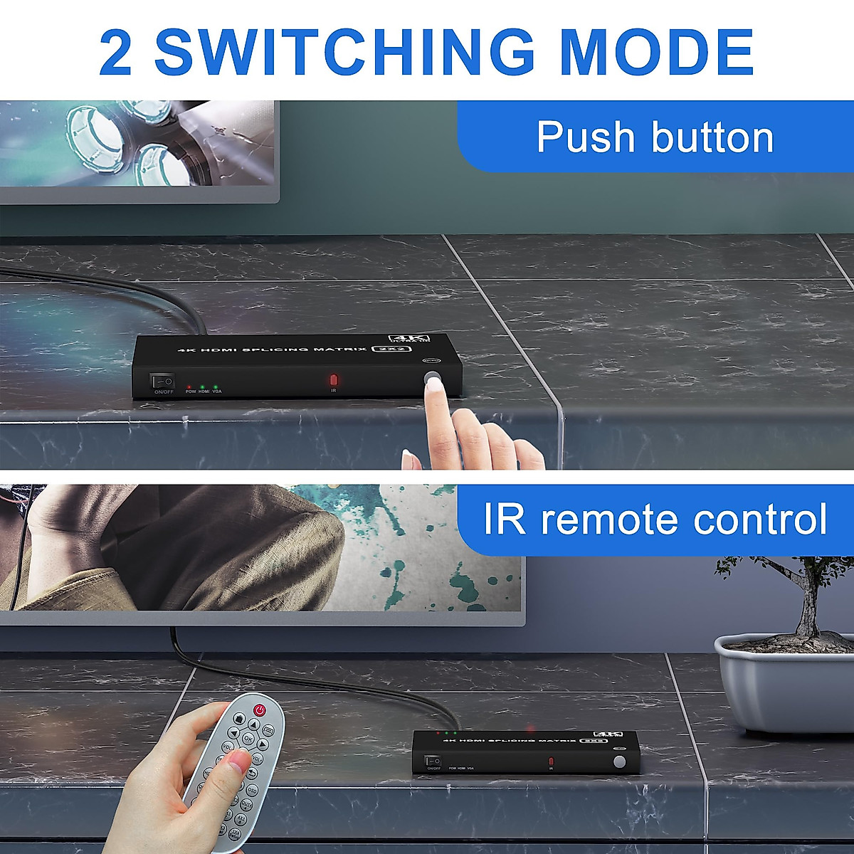 2x2 Video Wall Controller, 4K UHD Video Wall HDMI Splitter TV Wall Processor for 4 TV Splicing Display, 180 Degree Rotate and 8 Splicing Modes 2x2,1x2,1x3,1x4,2x1,3x1,4x1 with Remote Control