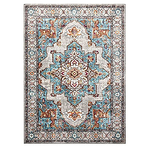 3x5 Area Rug for Living Room Bedroom: Large Washable Rug with Non-Slip Backing Non-Shedding Stain Resistant, Farmhouse Rug, Carpet for Dining Room Nursery Home Office Indoor Grey/Teal