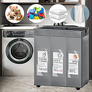 DEDU 120L Laundry Sorter 3 Section Heavy Duty, Extra Large Slim Laundry Hamper Rolling, Collapsible Laundry Basket with Wheels and 2 Leather Handles (Dark Gray)
