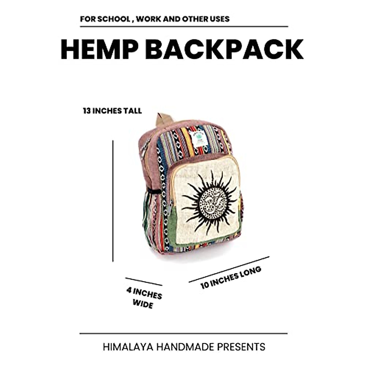 Unique Design Sun with Om Print 100% Himalaya Hemp Backpack Small Backpack Hippie Backpack Festival Backpack Hiking and Laptop Backpack FAIR TRADE Handmade with Love.