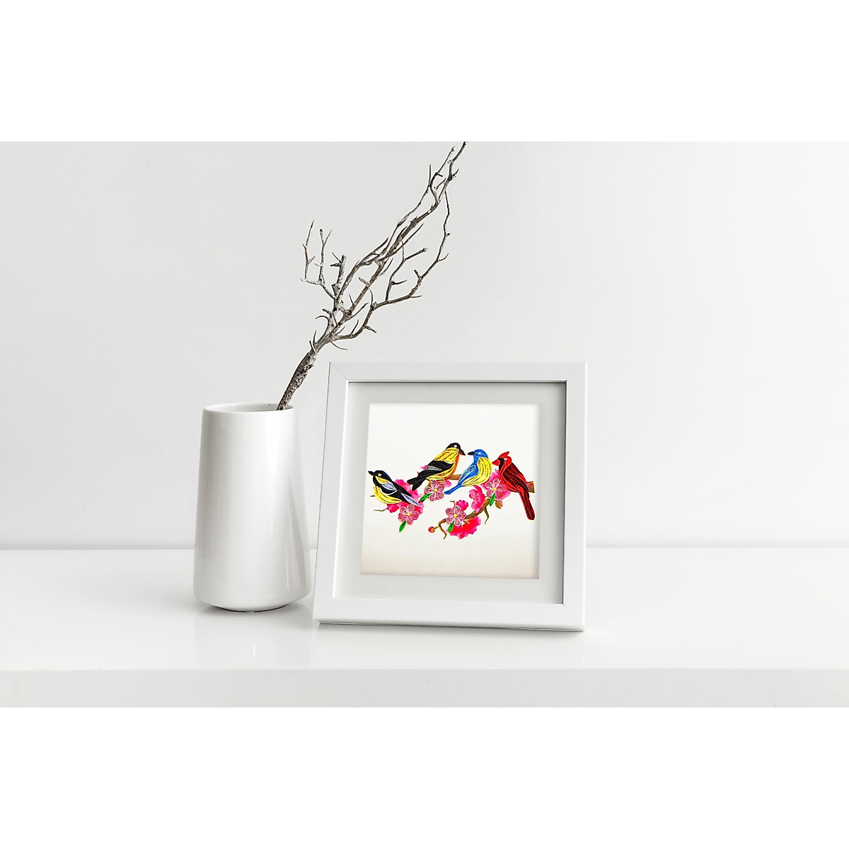 Four Colorful Birds sitting in a tree, Quilling Card 3D,Unique Dedicated Handmade, Design Greeting Card for Birthday, Valentine's Day, Mothers Day, Spring, Fathers Day, All Occasion,6"x6"