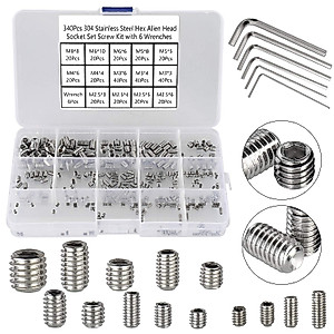 HanTof 340Pcs M2.5, M3, M4, M5, M6, M8 Metric Hex Socket Head Cup Point Set Screws, Allen Head Grub Screw, Internal Hex Drive Headless Set Screw Assortment Kit with 6 Hex Wrenches, 304 Stainless Steel