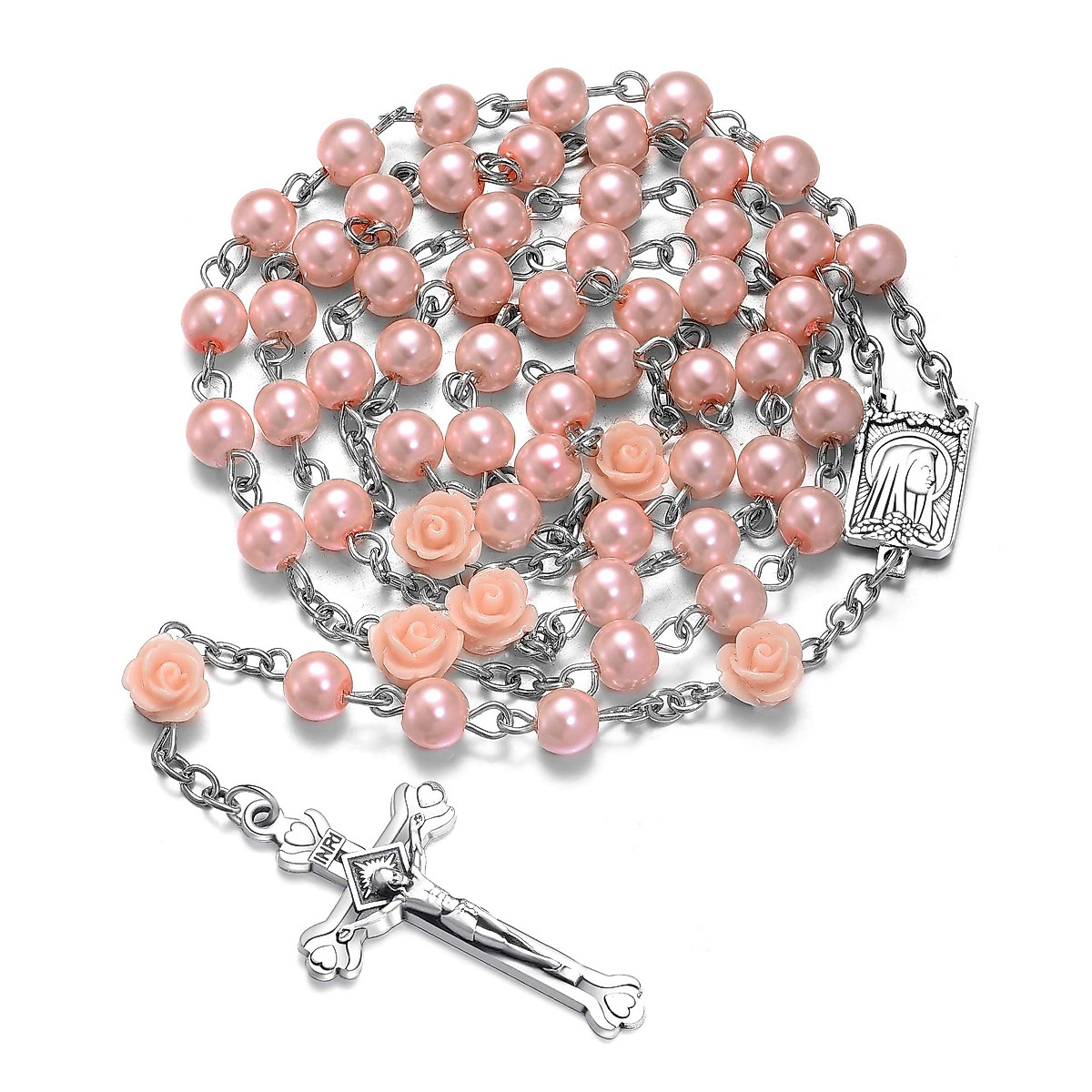 Pearl Rose Beads Rosary Catholic Necklace Holy Soil Medal Cross Crucifix-6 Packs