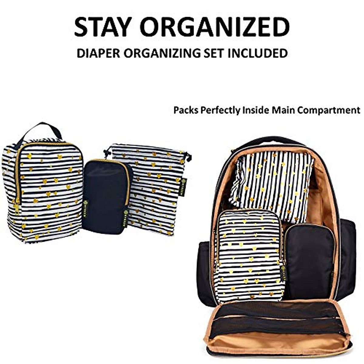 KYREEN Diaper Backpack Set Includes Backpack Straps, Baby Changing Pad, Small Organizing Pouches and a Bag Strap for Your Stroller - Thick Luggage Sleeve with Security Pouch for Travel