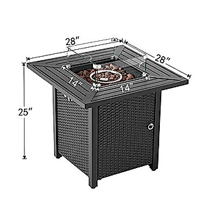 COSIEST Outdoor Metal Fire Table, 28-inch Square Black Brown Fire Pit Outdoor Companion, 40,000 BTU Auto-Ignition w Imitation Wicker Base w Glass Wind Guard, Free Brown Lava Rocks