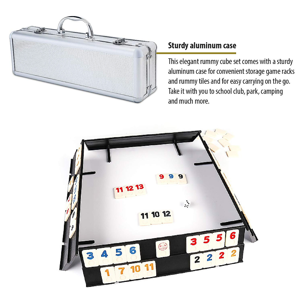 106 Rummy Tiles Game, Rummy Cube Sets Travel Game Outlasting Color with Aluminum Case & 4 Anti-Skid Durable Trays. Board. 106 Tile, 4 Players. Deluxe Edition.
