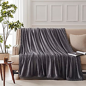 HARBOREST Fleece Bed Blanket with Pompom Fringe Queen Size Dark Grey Blanket,Lightweight Breathable All Season Blanket for Bed, Couch, Travel,90"x90"