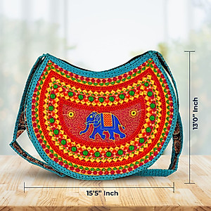 North Creed Crossbody Elephant Flora Embroidery Shoulder Bag, Indian Ethnic Travel Handbag with Zipper Pocket- Blue