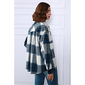 Trendy Queen Womens Casual Plaid Shacket White Button Down Shirt Long Sleeve Shirts Fall Jacket Shackets,Blue