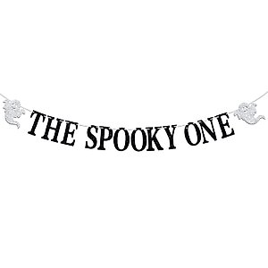 The Spooky One Banner, Halloween 1st Birthday Bunting Sign, Halloween Ghost Bat 1st Birthday/Baby Shower Party Decoration Supplies for Girl Boy, Black Glitter