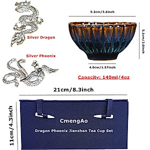 CmengAo Tenmokus Tea Cup Set, Handmade Jianzhan Tea Cup 3d Tenmoku Lotus Tea Cup, Beautiful Dragon Phoenix Tea Cup Set, Chinese Ceramic Kungfu Tea Cups Decorative Teacups
