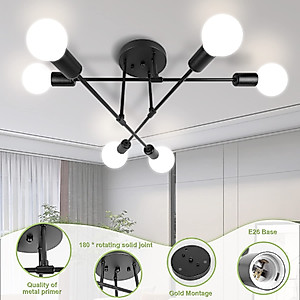 CANMEIJIA Modern Sputnik Chandelier Ceiling Light Fixture with 6 Lights Black Mid Century Ceiling Mount Lights Fixture for Bedroom, Dining Room, Living Room, Kitchen, E26 Base, Bulbs Not Included