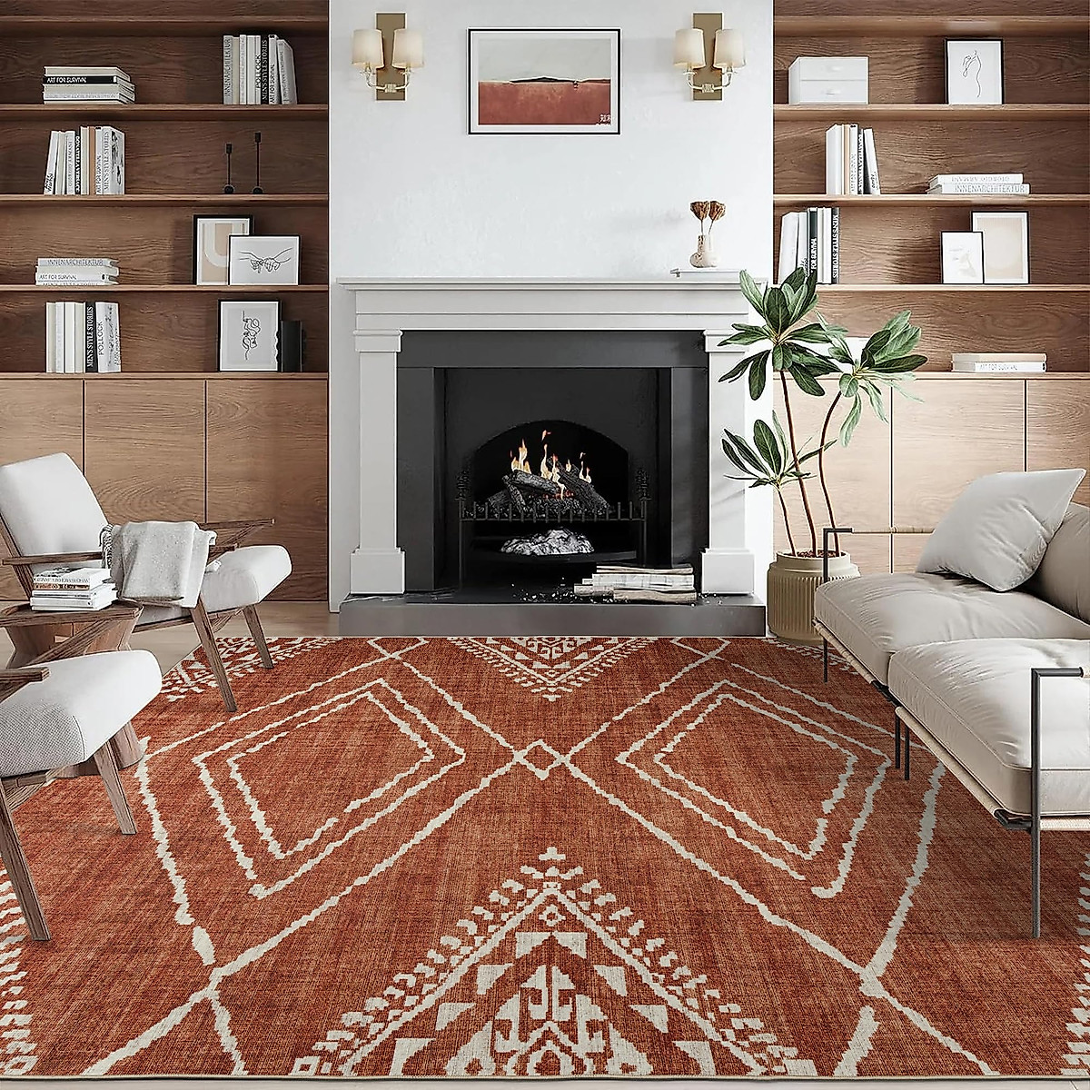 ReaLife Machine Washable Area Rug Runner - Living Room Bedroom Bathroom Kitchen Entryway Office - Padded Low Pile Stain Resistant Premium - Moroccan Diamond Tribal - Jax - Orange 3' x 5'