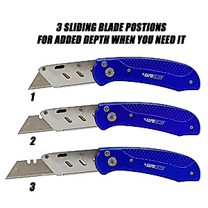 Rapid Edge Extend-A-Blade™ Utility Knife (Folding Razor Knife with Double Length Box Cutter Blade and 3 Sliding Blade Positions)