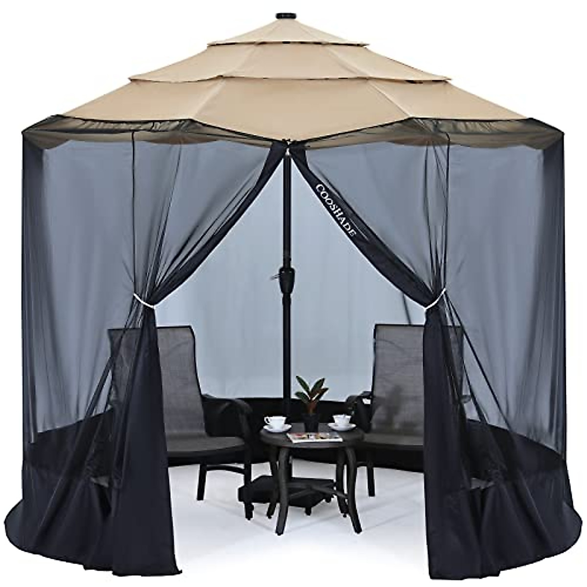 COOSHADE 7.5-11FT Patio Umbrella Mosquito Netting Polyester Screen Mesh Net for Outdoor Umbrella with Zipper Door and Weight Bag Black