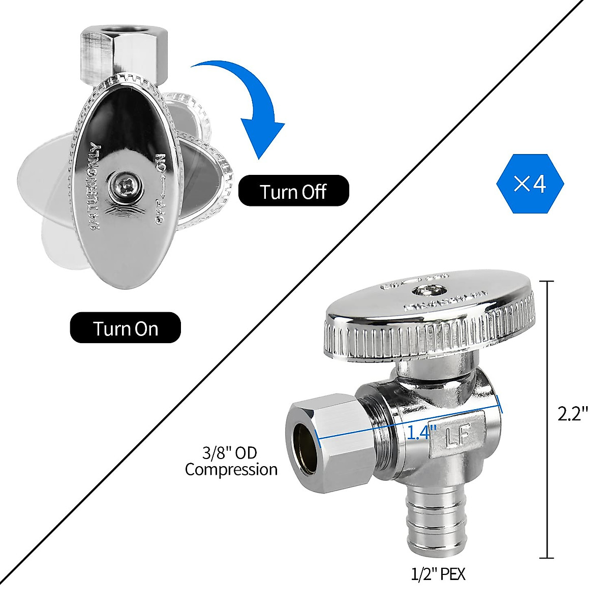4 Pack Stop Valves, 1/4 Turn Angle Stop Valves, 3/8" OD Compression × 1/2" PEX Chrome Plated Brass for Faucet, Toilet Valves (4×Angle)