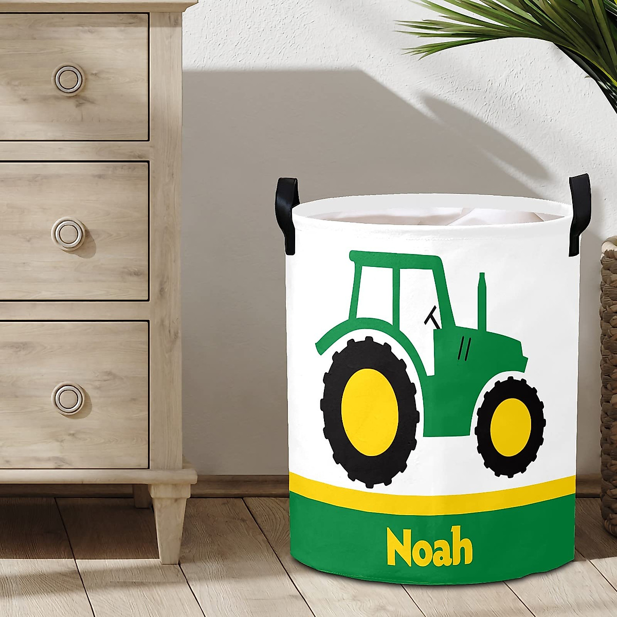Personalized Laundry Basket Hamper,Farm Tractor Truck Green,Collapsible Storage Baskets with Handles for Kids Room,Clothes, Nursery Decor