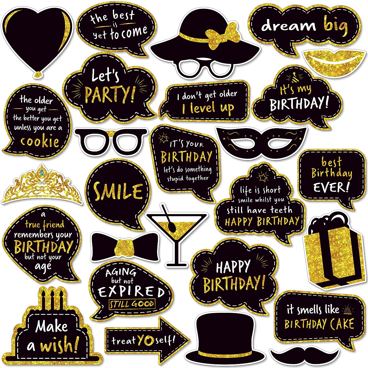 Premium Birthday Photo Booth Props Kit - 27 Pieces Black & Gold Party Decorations - Durable & Easy-to-Use Photobooth Props Signs for Memorable Photos - Party Supply Decorations - by PixiPy