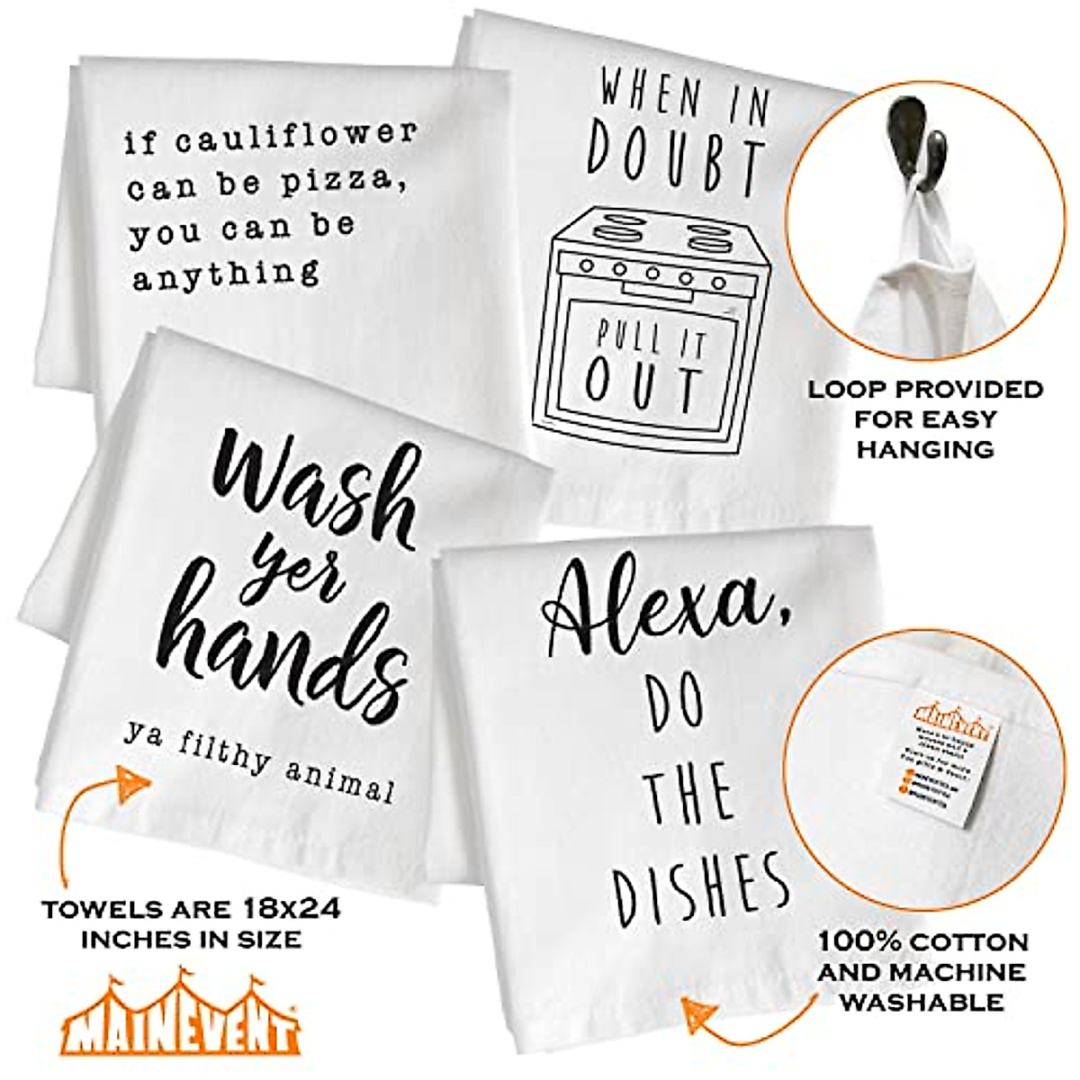 MAINEVENT Funny Kitchen Towel 4 Pack 18x24 Inch, Set of 4 Cute Kitchen Towel, Funny Dish Towel Saying, Funny Housewarming Gift Funny Hand Towel Alexa Do The Dishes Kitchen Towel Cute Funny Dish Towel