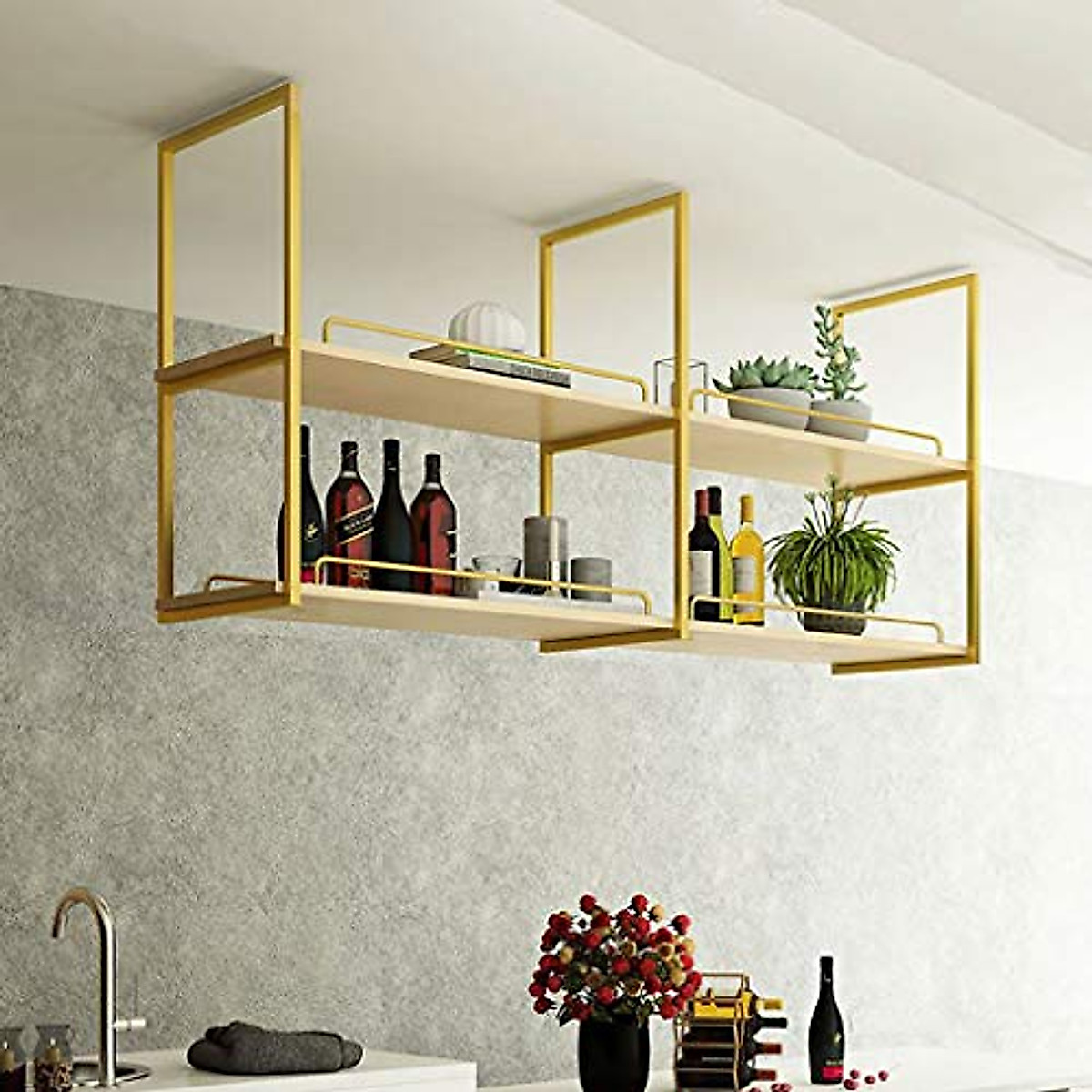 Nordic Iron Solid Wood Ceiling Shelf, 2 Tier Ceiling Mounted Storage Shelf, Bar Restaurant Hanging Decorative Flower Stand