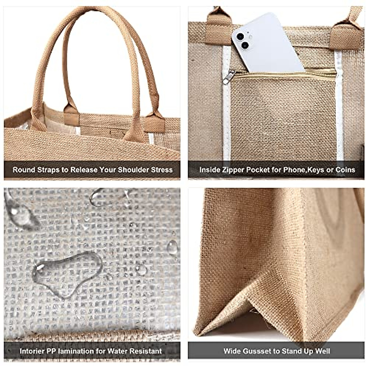 BeeGreen Burlap Tote Bag Jute Beach Bag with Laminated Interior & Inner Zipper Pocket for Teacher Mother's Day 17"×12.6"×7" Large Bird Bridesmaid Gift Tote Bag for Wedding Shopping