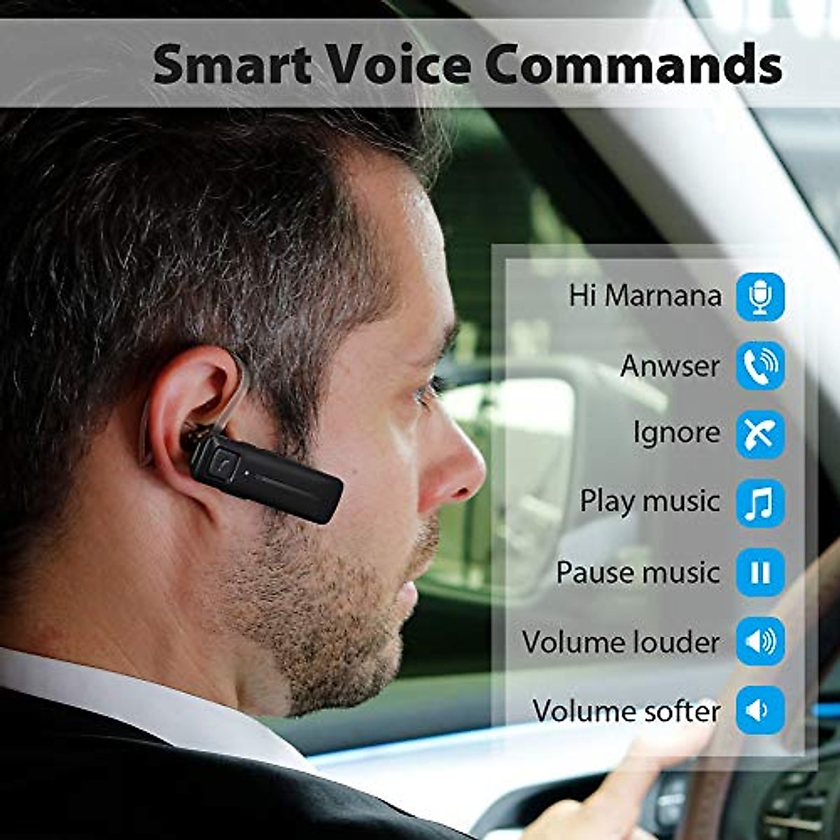 Marnana Bluetooth Headset with Voice Command Control, Bluetooth Earpiece w/Noise Cancelling Mic & 13 Hrs Playtime, V5.0 Wireless Headset Hands-Free Call for iPhone Samsung Android Cell Phone - Black