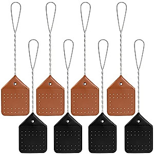 8 Pack 17" Leather Fly Swatter Manual Heavy Duty Flyswatter with Long Handle Rustic Wasp Swatter for Kitchen Home Indoor Outdoor Flies (Black, Brown, Metal Handle)