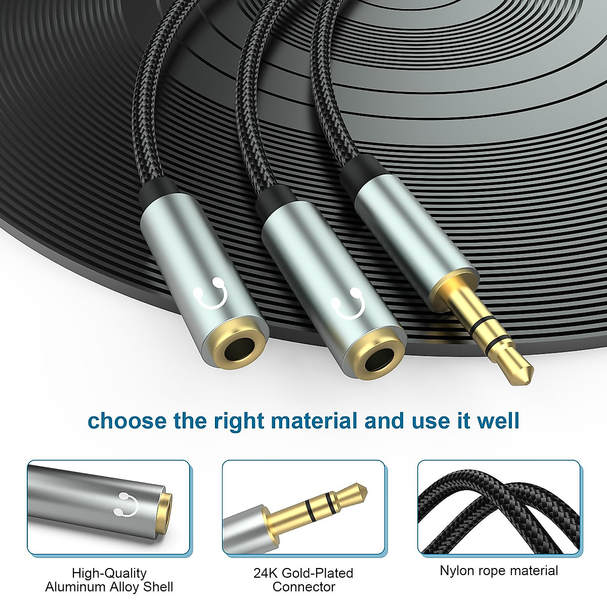 Toxaoii 3.5mm Headphone Jack Splitter Cord, 3.5mm Male to 2 Female Extension Cable Headphone Jack Adapter, 3.5mm Stereo Audio Y Splitter Cable Compatible with Phone, smartphone, laptop, Xbox, PS4