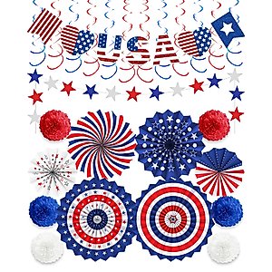 26 Pcs 4th of July Decorations Outdoor, Patriotic Decorations LOVE USA Banner Red White Blue Paper Fans Hanging Swirls Pompoms Independence Day Decor for Veterans Day, Memorial Day, Fourth of July