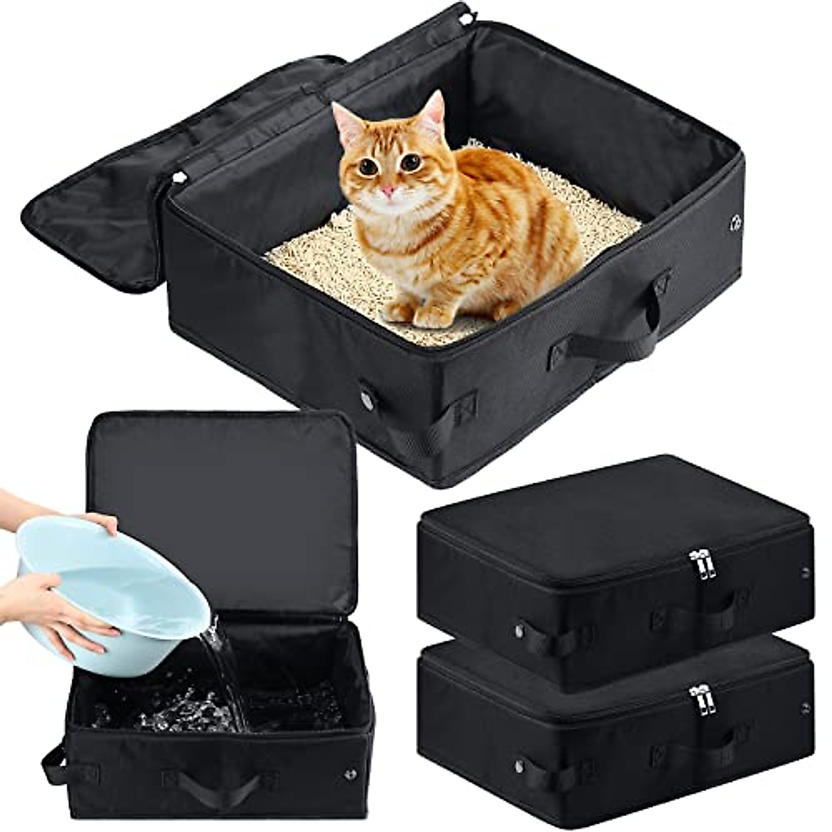 4 Pack Travel Portable Litter Tray, Cat Litter Box with Lid and Handle 15.7 x 12.6 x 5.9In Leak Proof Collapsible Litter Pan, Lightweight, Odor, Easy to Use in Hotel, Car, Travel, Black