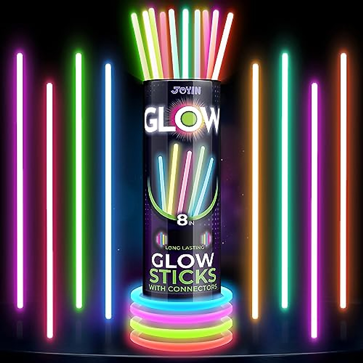 JOYIN 100 Pcs Glow Sticks Bulk 8" Glowsticks, Glow Stick Bracelets Necklaces, Glow in the Dark Party Favors, Easter, Christmas, Halloween Party Supplies Pack, Football Party Supplies