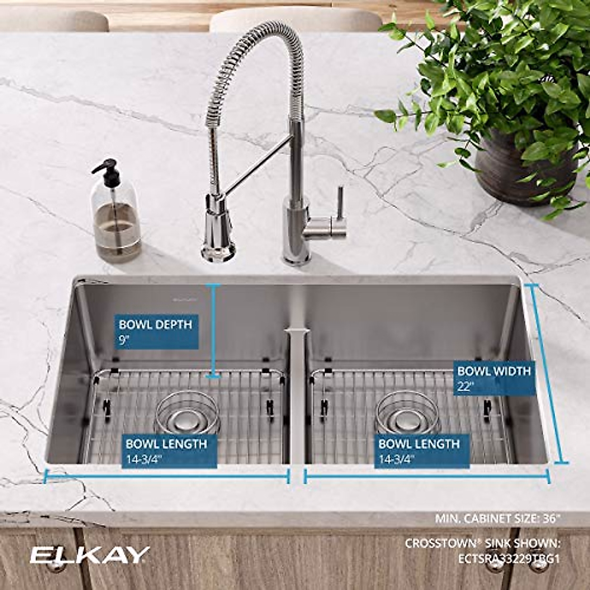 Elkay Crosstown ECTSRA33229TBG1 Equal Double Bowl Dual Mount Stainless Steel Kitchen Sink Kit with Aqua Divide