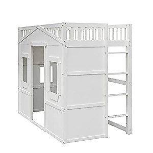 Harper & Bright Designs House Loft Bed Twin Kids Playhouse Bed, Solid Wood Loft Bed Frame with Window and Ladder, for Girls Boys (Twin Size, White)